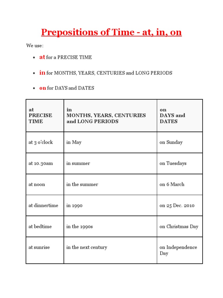 Prepositions of Time Material | PDF