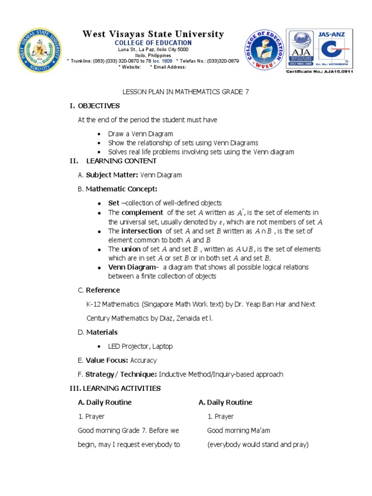 Lesson Plan in Mathematics Grade 7 (Venn Diagram) | PDF | Teachers ...