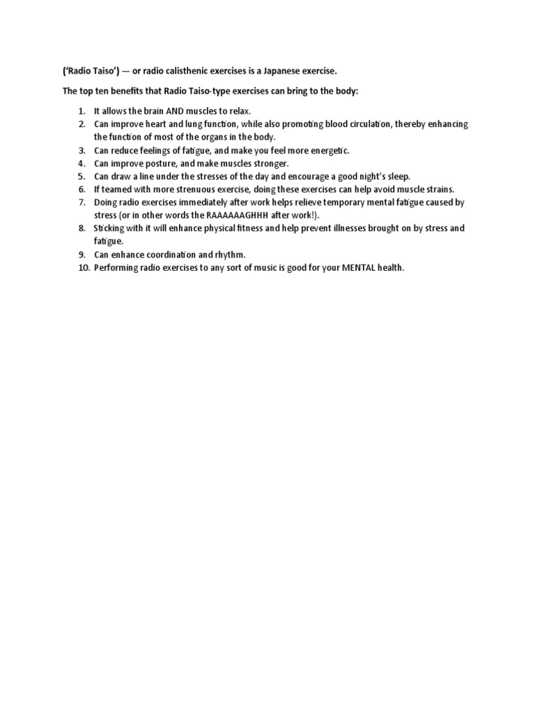 Benefits of Radio Taiso Exercises | PDF | Self-Improvement