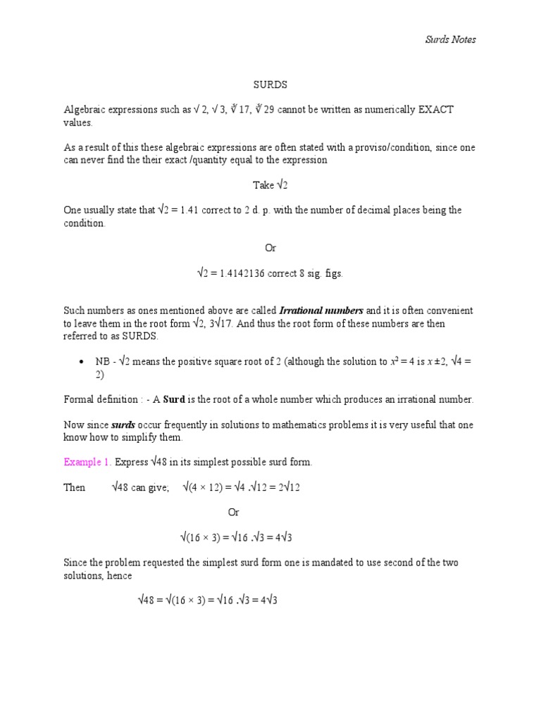 Surds Notes: Example 1 | PDF | Square Root | Fraction (Mathematics)