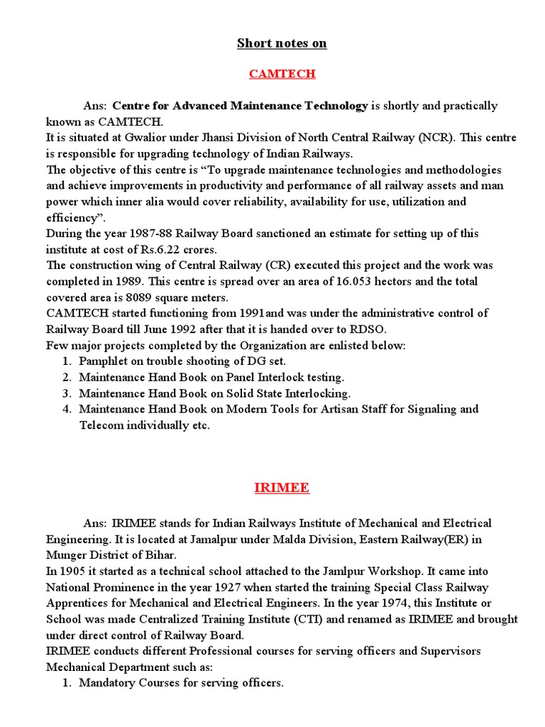 Short Notes On: Camtech | PDF | Engineering | Railway