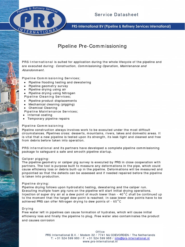 Pipeline Pre-Commissioning: Service Datasheet | PDF