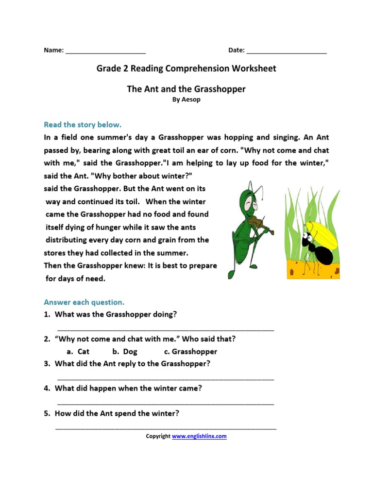 Grade 2 Reading Comprehension Worksheet The Ant and The Grasshopper | PDF