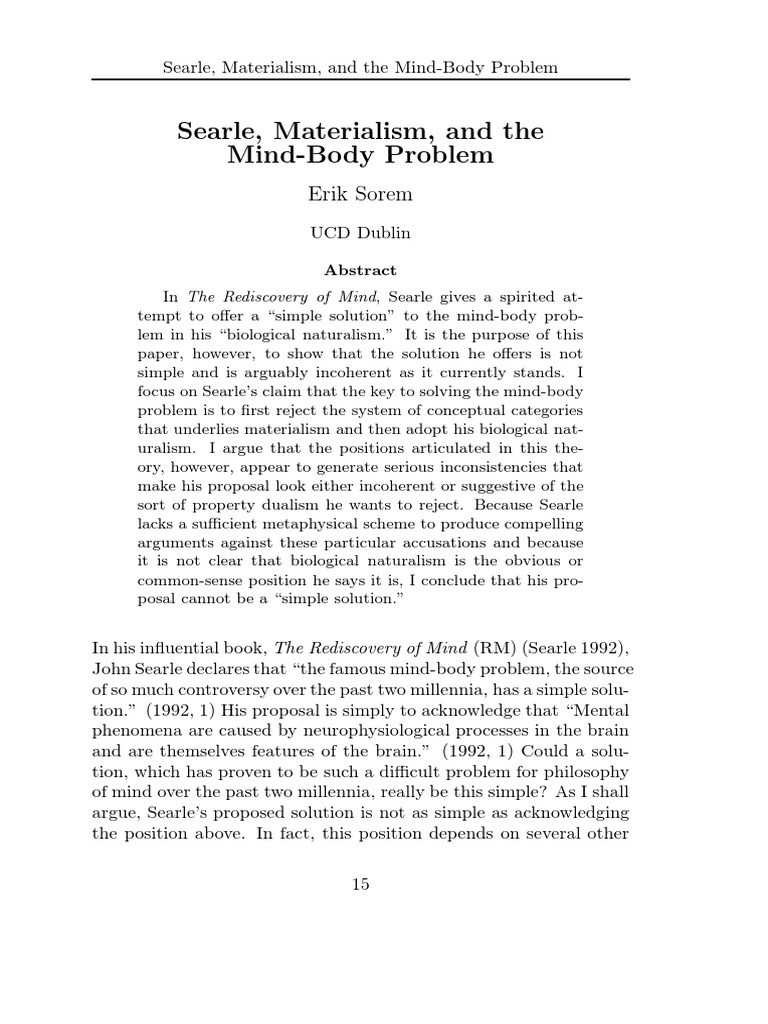 Searle Materialism The Mind-Body Problem | PDF