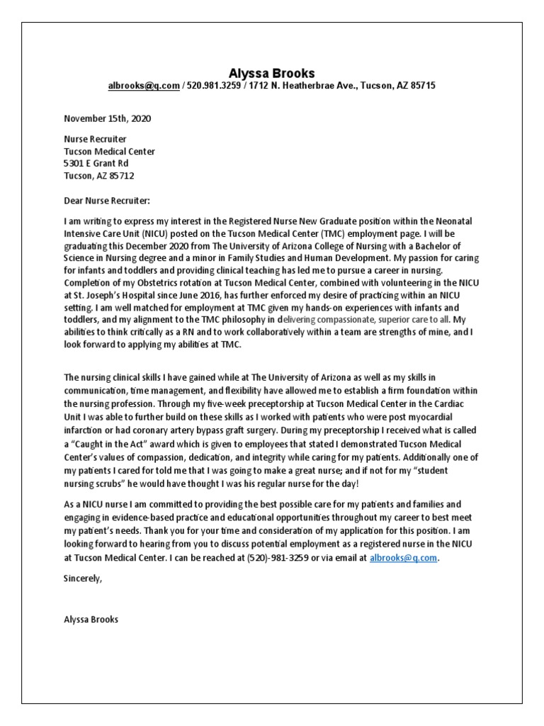 Brooks Cover Letter Nicu TMC | PDF | Neonatal Intensive Care Unit | Nursing