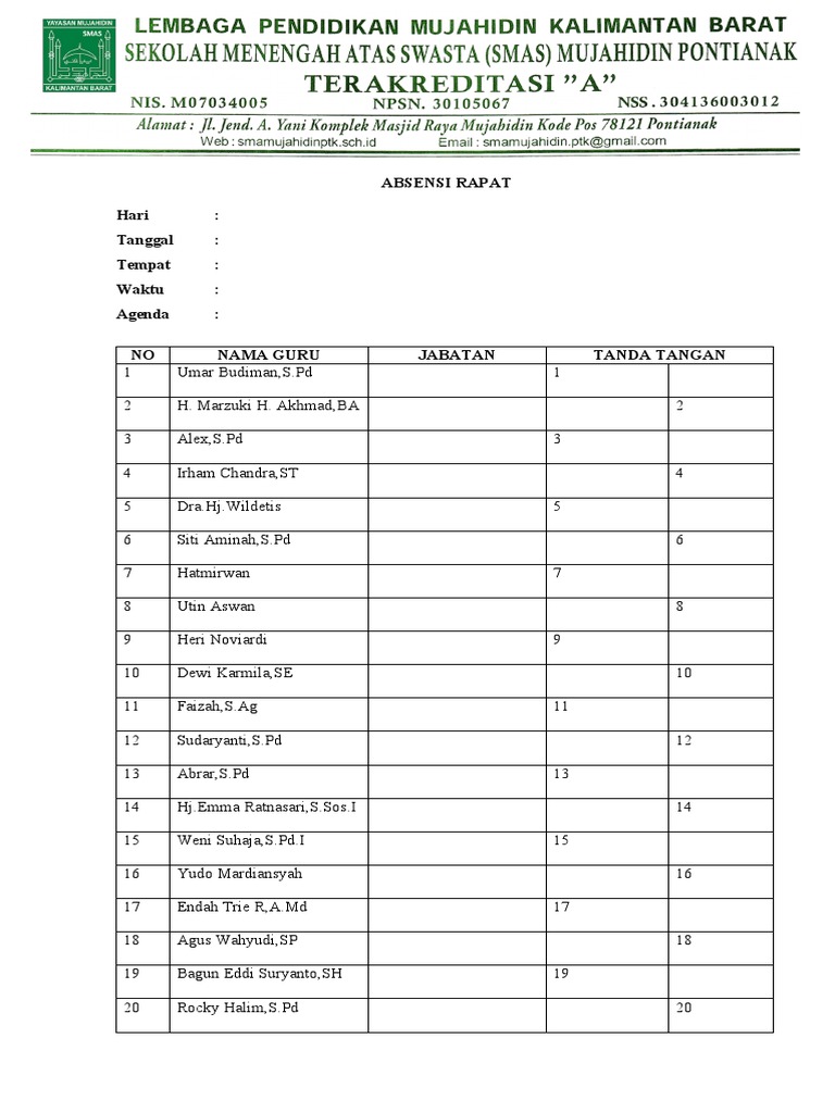 Absensi Rapat Hari: Tanggal: Tempat: Waktu: Agenda: NO Nama Guru ...