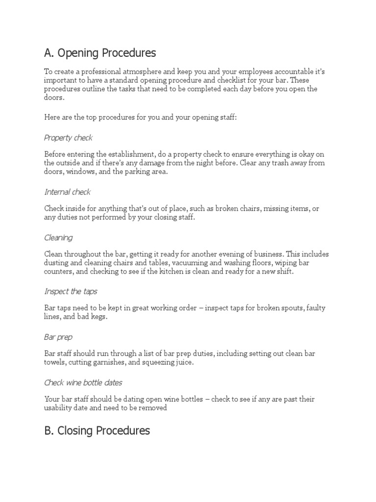 Bar Opening and Closing Procedures | PDF | Dishwasher | Beverages