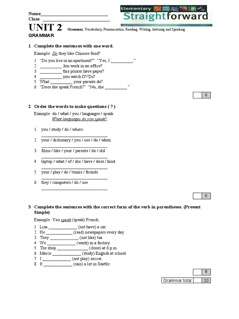 Unit 2: Name - Class | PDF | Vocabulary | Grammar