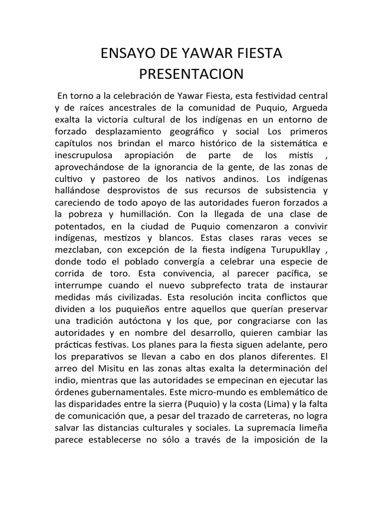 Ensayo de Yawar Fiesta Presentacion | PDF