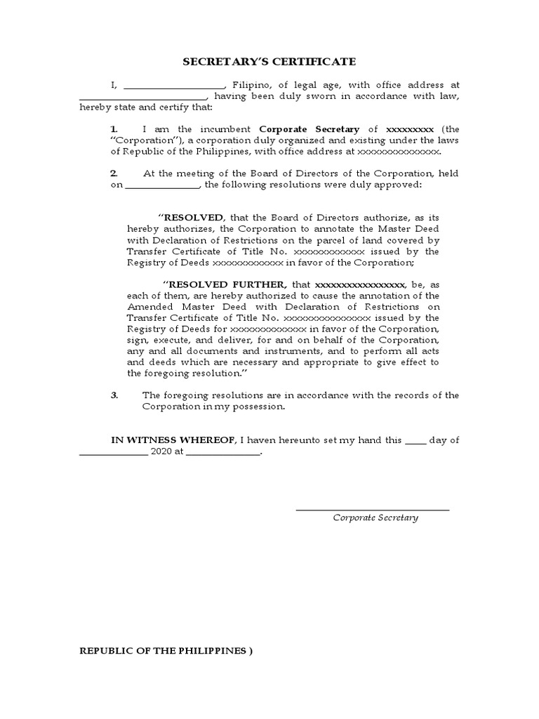 Secretary's Certificate - Annotation of MDDR | PDF