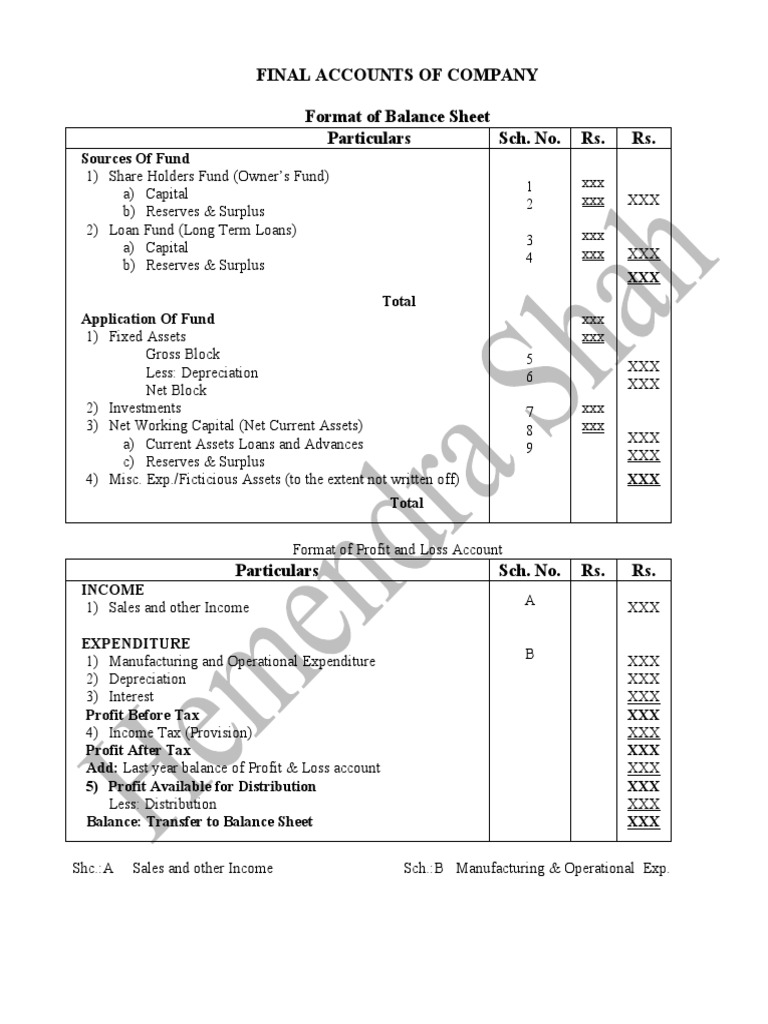Final Accounts of Company Format of Balance Sheet Particulars Sch. No ...