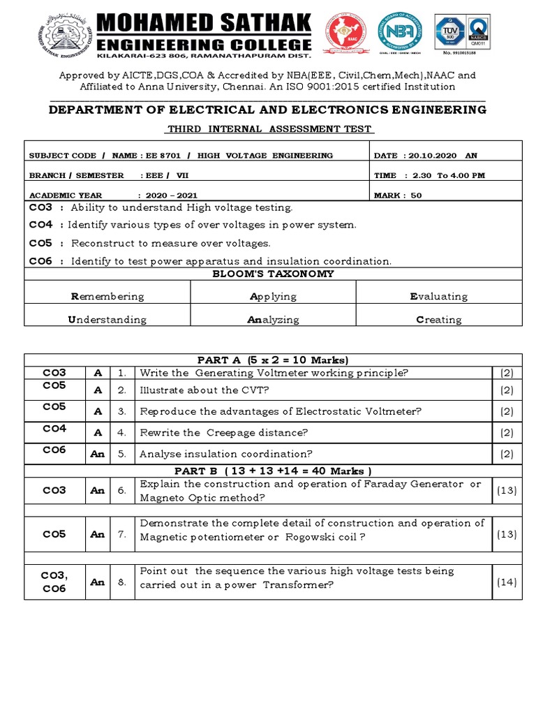 Department of Electrical and Electronics Engineering: Third Internal ...