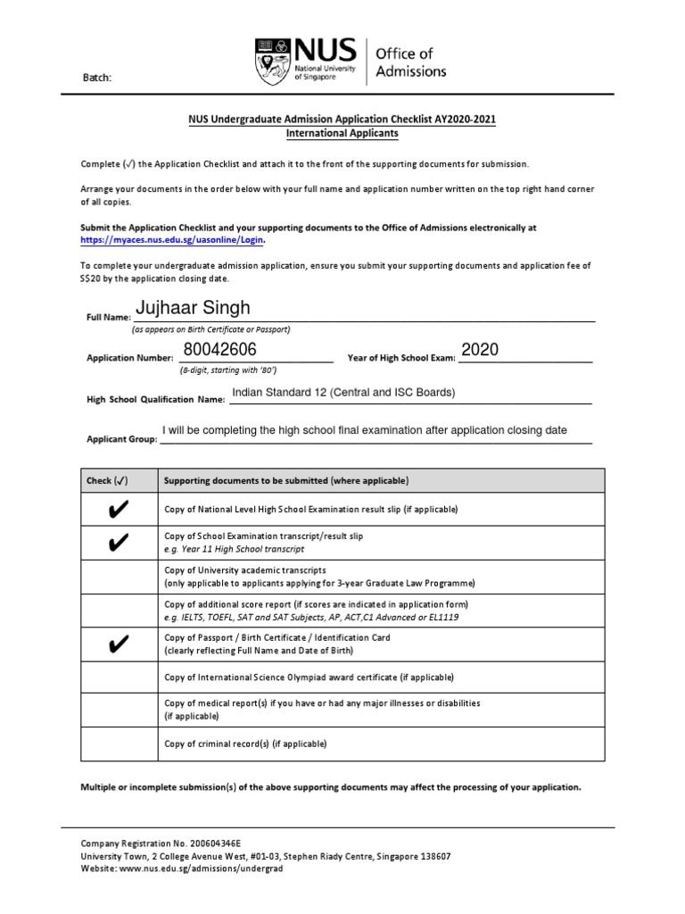 NUS Undergraduate Application Checklist | PDF | Career & Growth ...