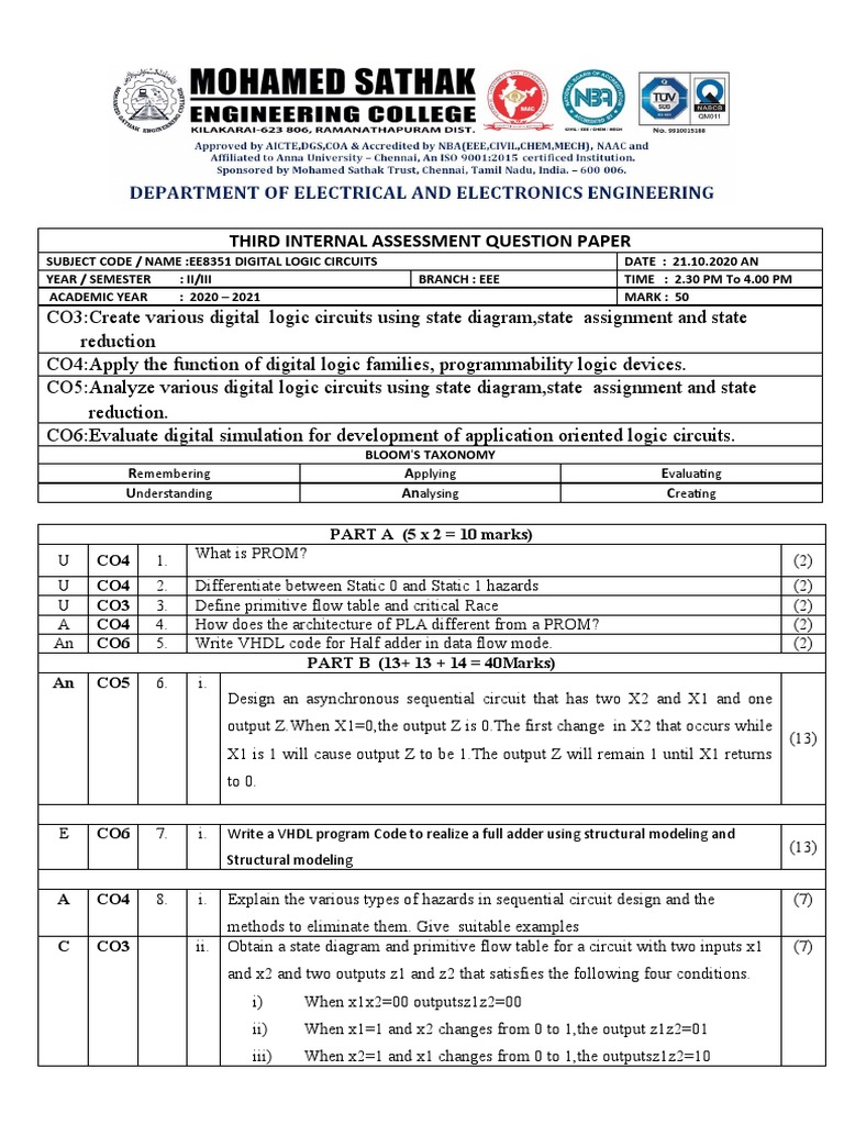 Third Internal Assessment Question Paper | PDF | Logic Gate | Vhdl