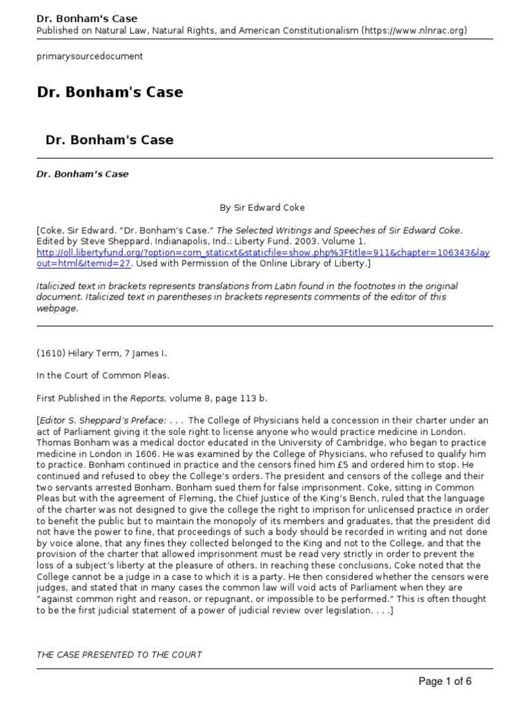 Thomas Bonham v. College of Physicians | PDF | Government | Justice
