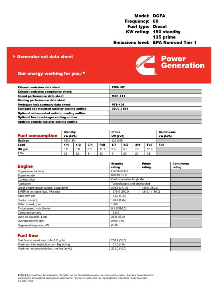 Cummins DGFA Data Sheet PDF | PDF | Radiator | Horsepower
