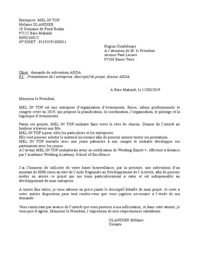 Modèle Lettre Demande de Subvention | PDF | Affaires | Finance et gestion monétaire