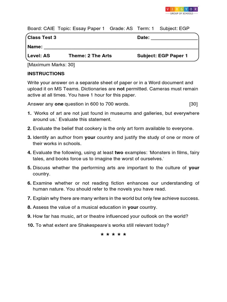 EGP Class Test 3 - Theme 3 The Arts | PDF