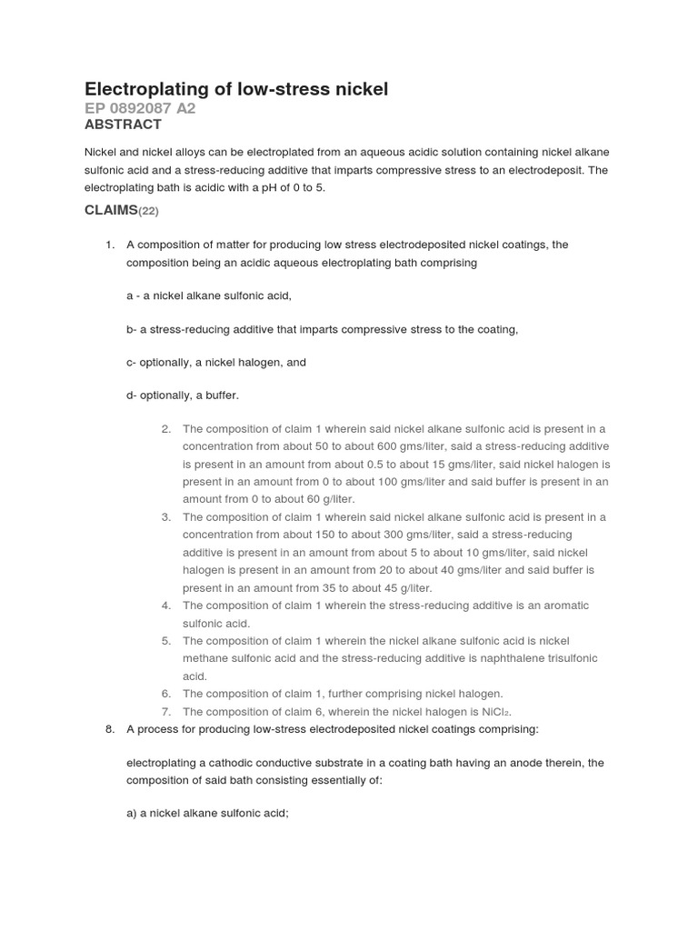 Low-Stress Nickel Electroplating Process | PDF | Nickel | Metals