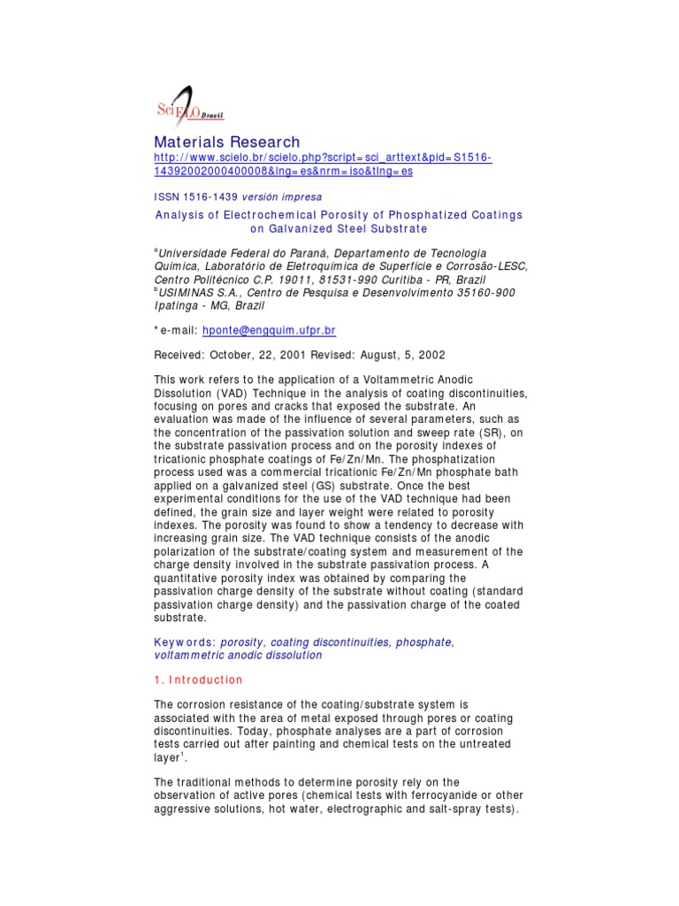 Analysis of Electrochemical Porosity of Phosphatized Coatings On ...