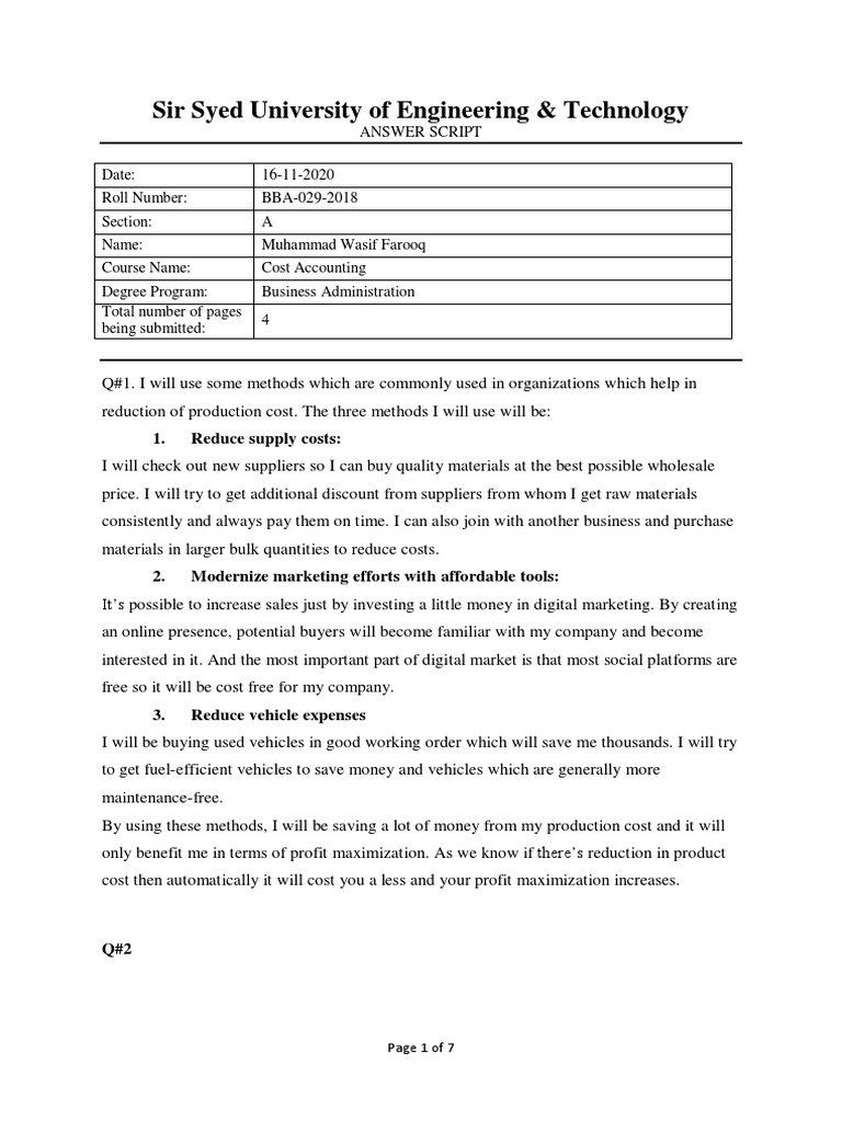 Sir Syed University of Engineering & Technology: Answer Script | PDF ...