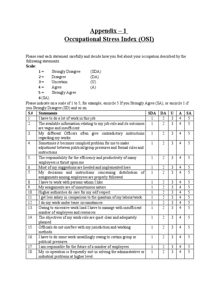 Appendix - 1 Occupational Stress Index (OSI) : Scale | PDF | Behavioural Sciences ...