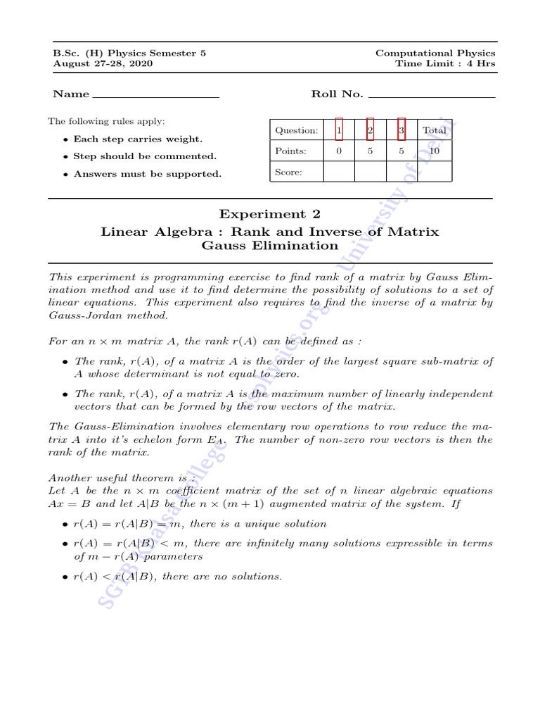 Of Delhi: Experiment 2 Linear Algebra: Rank and Inverse of Matrix Gauss Elimination | PDF ...