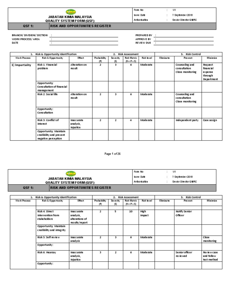 QSF 1 - RISK AND OPPORTUNITIES REGISTER-compilation by Clause | PDF ...