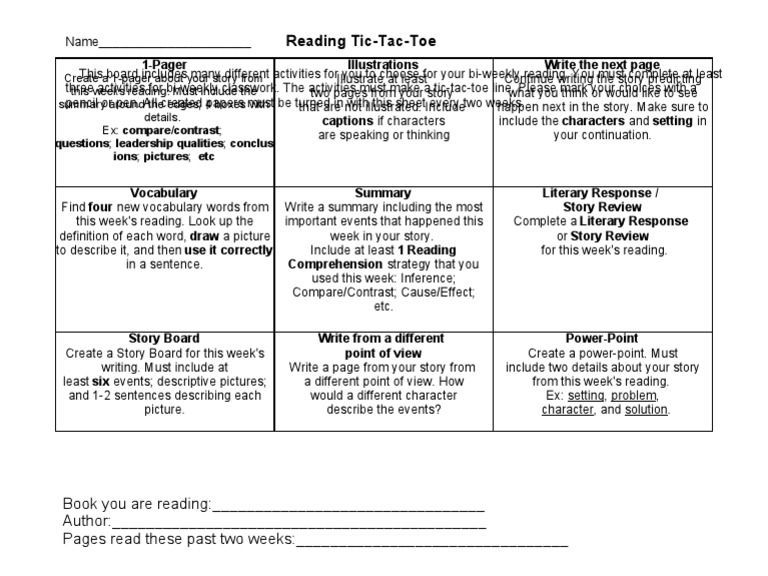 Reading Tic-Tac-Toe Activity Guide | PDF | Reading Comprehension ...