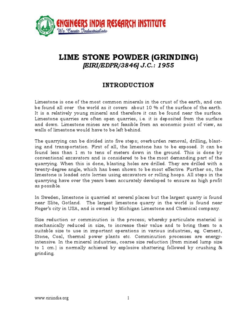 Project Report On Lime Stone Powder (Grinding) | PDF | Mill (Grinding ...