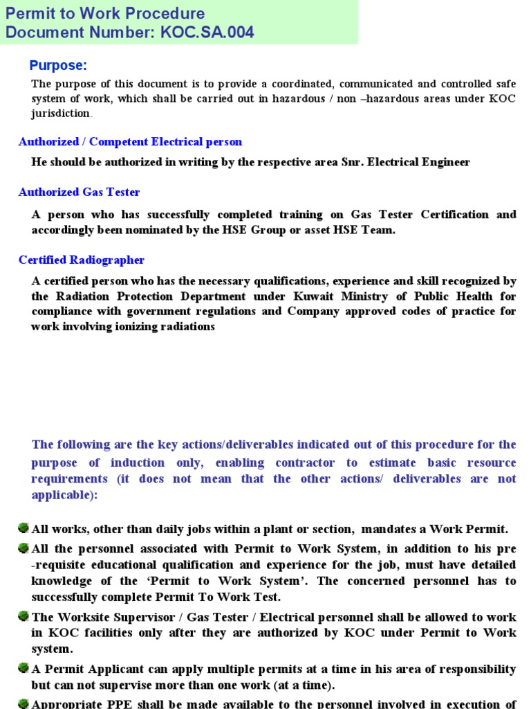 PTW - Permit To Work Procedure | PDF | Prevention | Occupational Safety ...