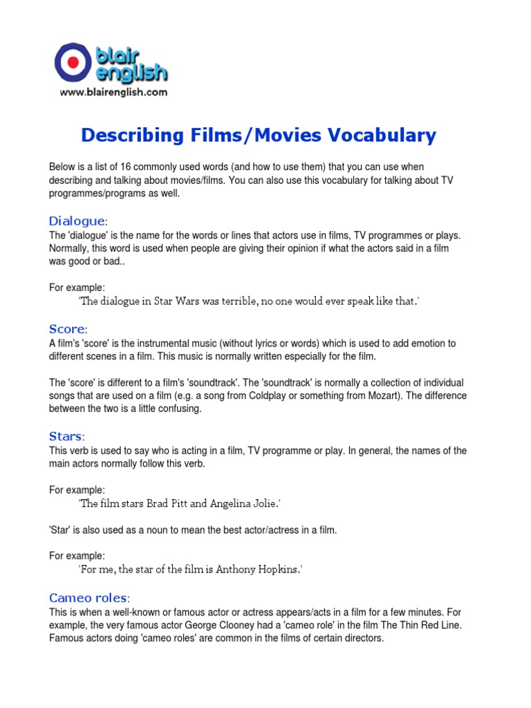 Film Description Vocabulary Guide | PDF | Verb | Languages