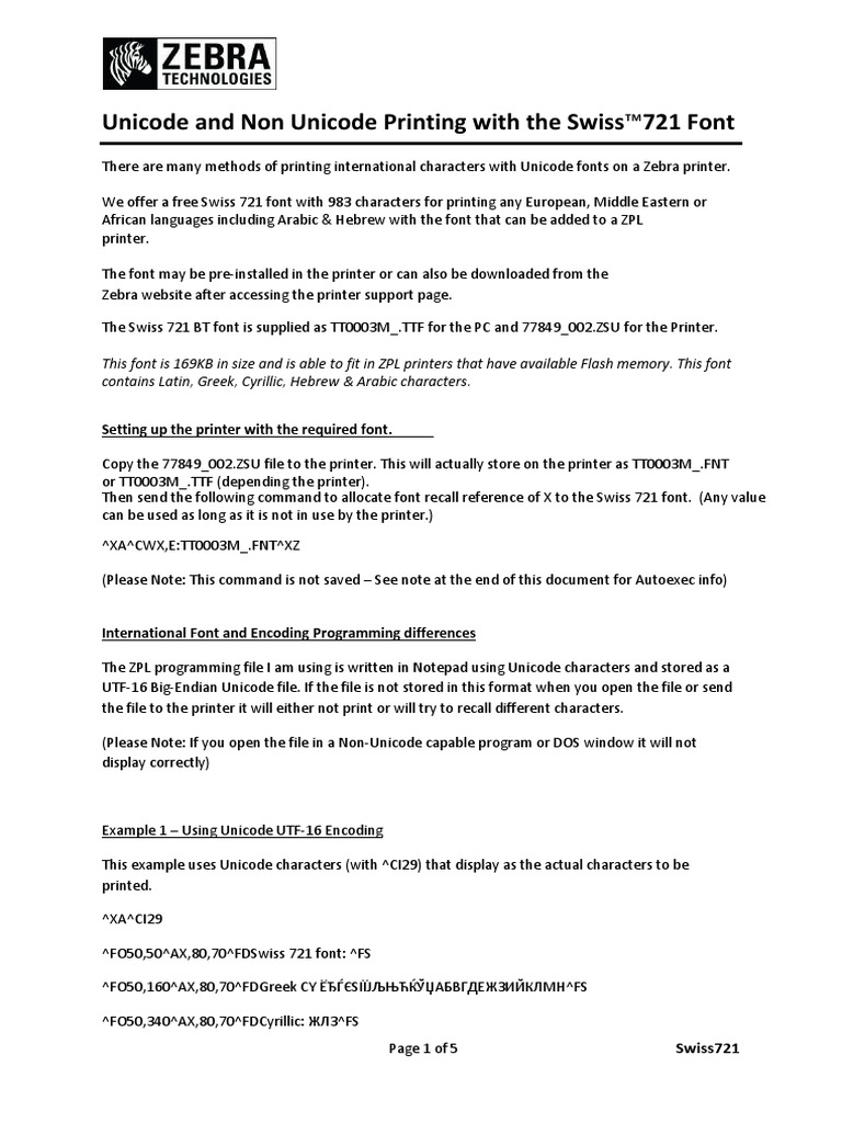 Unicode and Non Unicode Printing With The Swiss™721 Font | PDF | Character Encoding | Naming ...