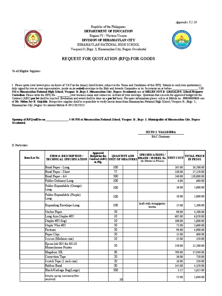 Request For Quotation (RFQ) For Goods: Department of Education Division ...