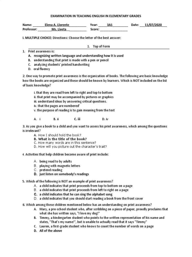 Exam in Teaching English in Elementary Grades With Key To Correction ...