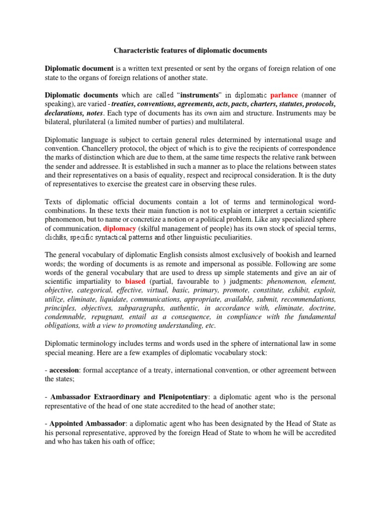 Characteristic Features of Diplomatic Documents | PDF | Treaty | Diplomacy