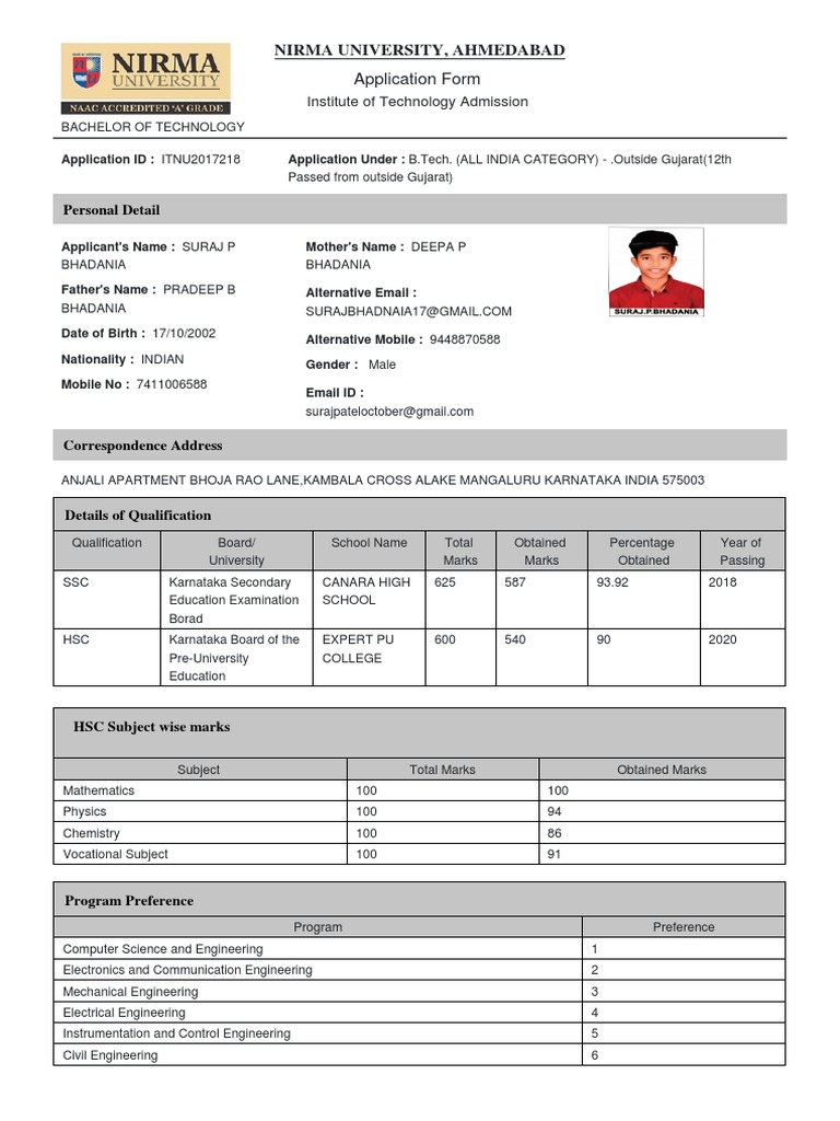 Nirma University, Ahmedabad: Application Form | PDF | Educational ...
