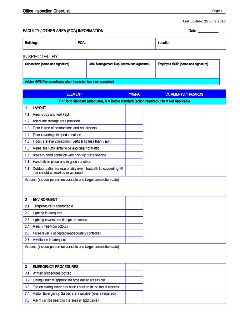 Office Inspection Checklist: Faculty / Other Area (Foa) Information ...