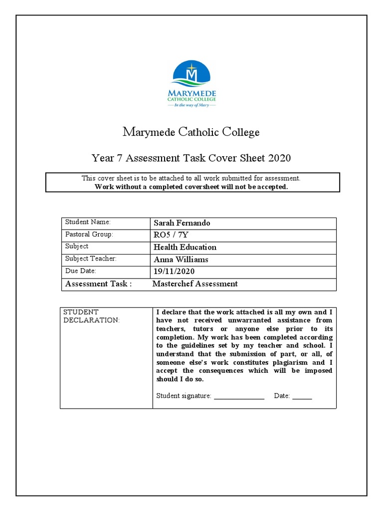 Arymede Atholic Ollege Year 7 Assessment Task Cover Sheet 2020 | PDF ...