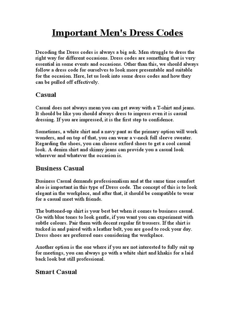 Important Men's Dress Codes | PDF | Dress Codes | Human Appearance
