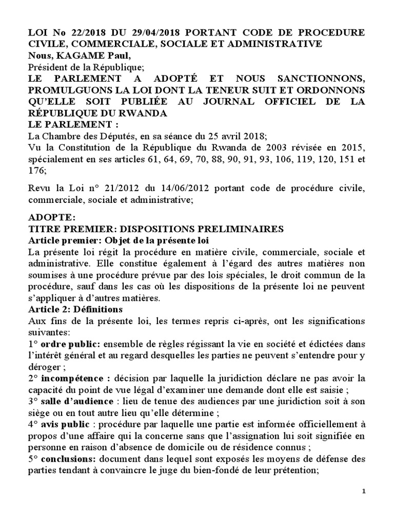 Code Procédure Civile Rwanda 2018 | PDF | Compétence | Médiation