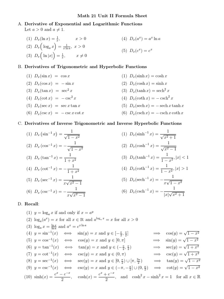 Calculus Formula Sheet II | PDF | Sine | Calculus