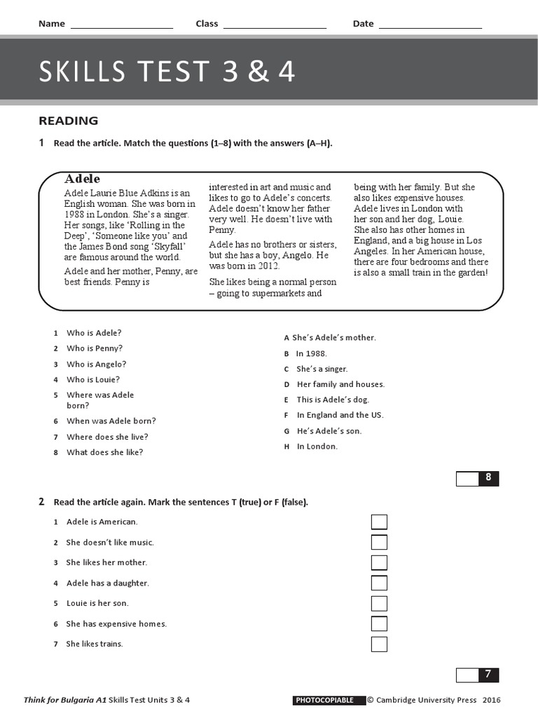 Think For Bulgaria A1 Skills Test Units 3-4 | PDF | Adele