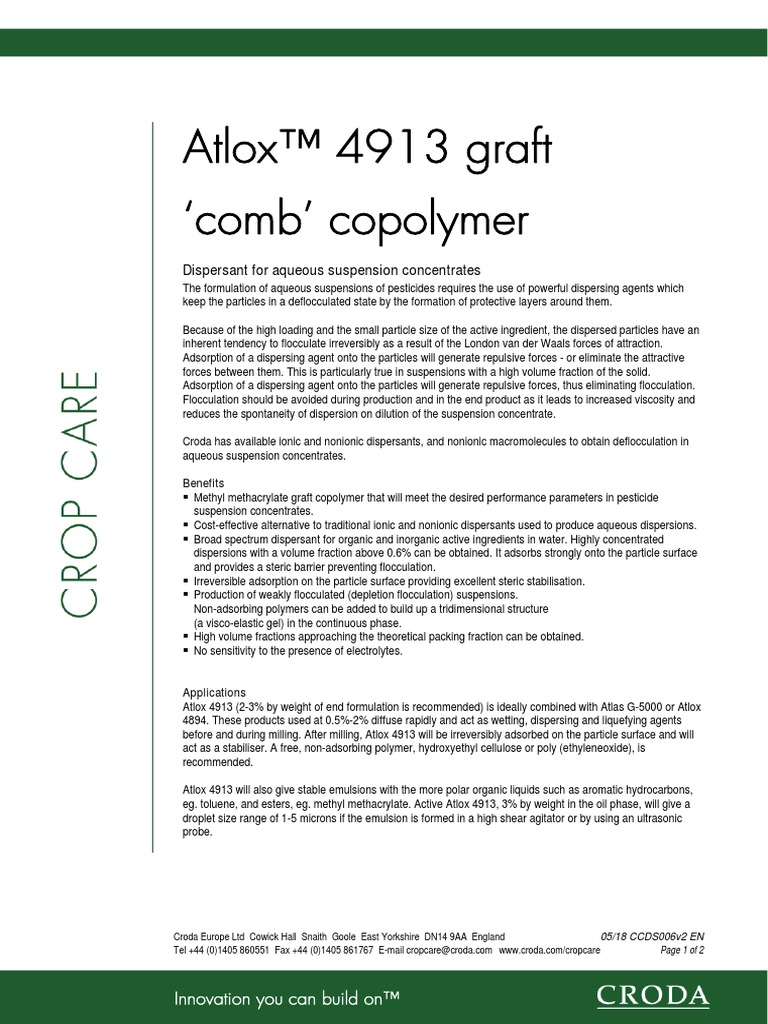 Atlox™ 4913 Graft Comb' Copolymer: Dispersant For Aqueous Suspension ...