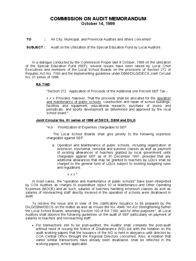 COA Memo on Audit Guidelines for Special Education Fund | PDF | Audit ...