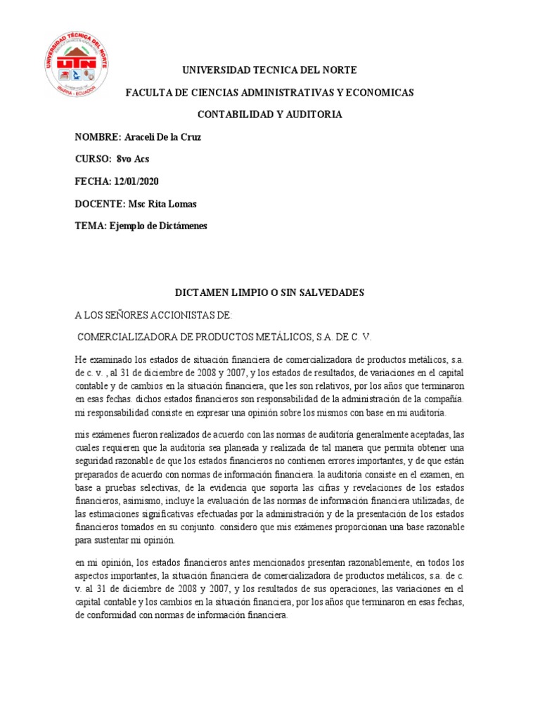 Ejemplo de Dictamen Limpio o Sin Salvedades | PDF | Auditoría | Contralor