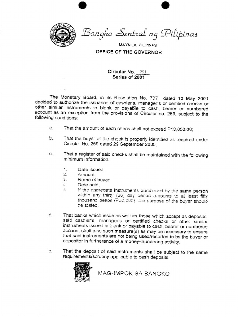 BSP Circular 291 S2001 | PDF