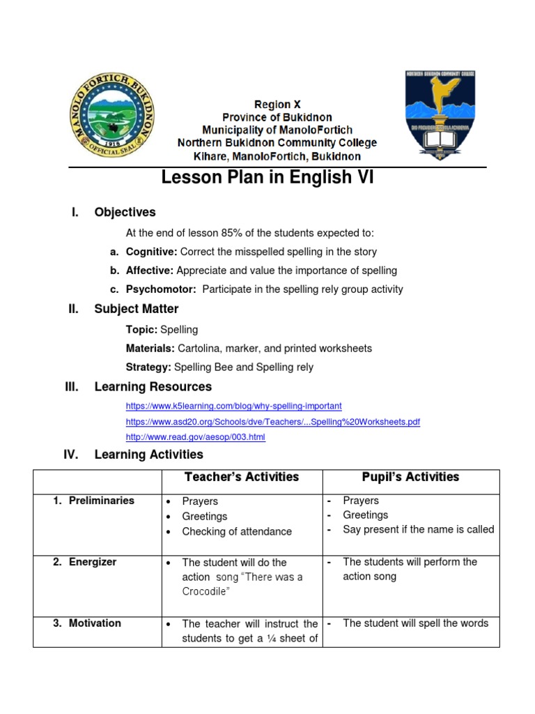 Lesson Plan in English VI: I. Objectives | PDF | Spelling | Lesson Plan