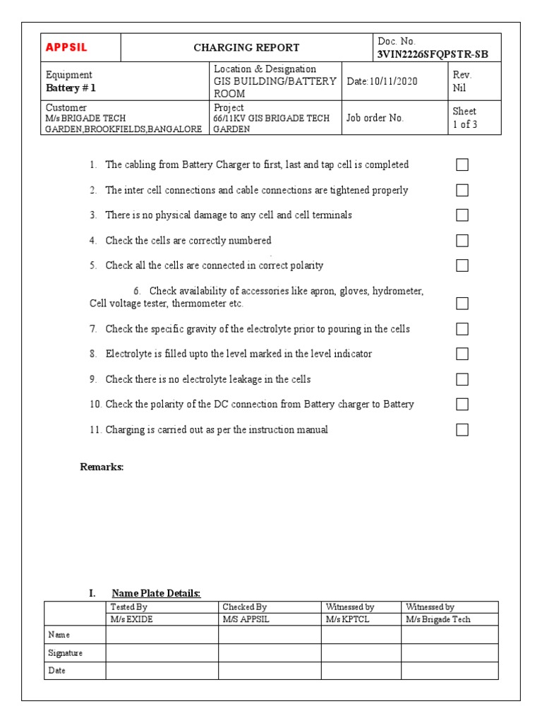 Battery 1 Checklist and Report | PDF | Voltage | Battery Charger