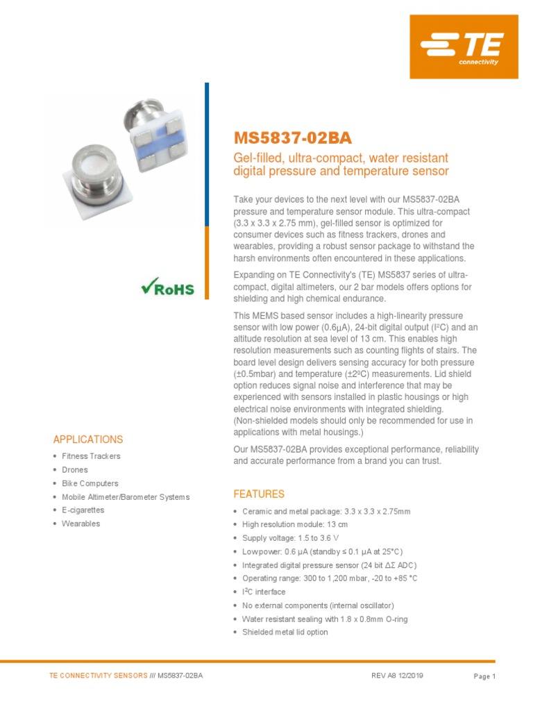 MS5837-02BA: Gel-Filled, Ultra-Compact, Water Resistant Digital Pressure and Temperature Sensor ...